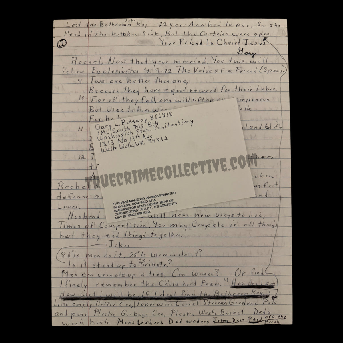 Gary Ridgway Signed Letter & Envelope - Rare Collectible