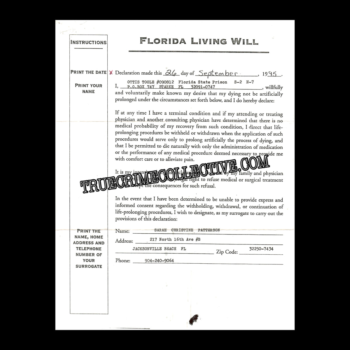 Ottis Toole Living Will - Original Document for Sale