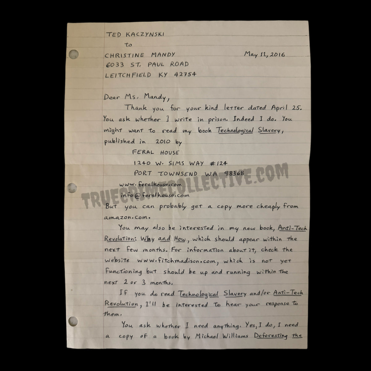 Ted Kaczynski Signed Letter & Envelope - Rare Collection