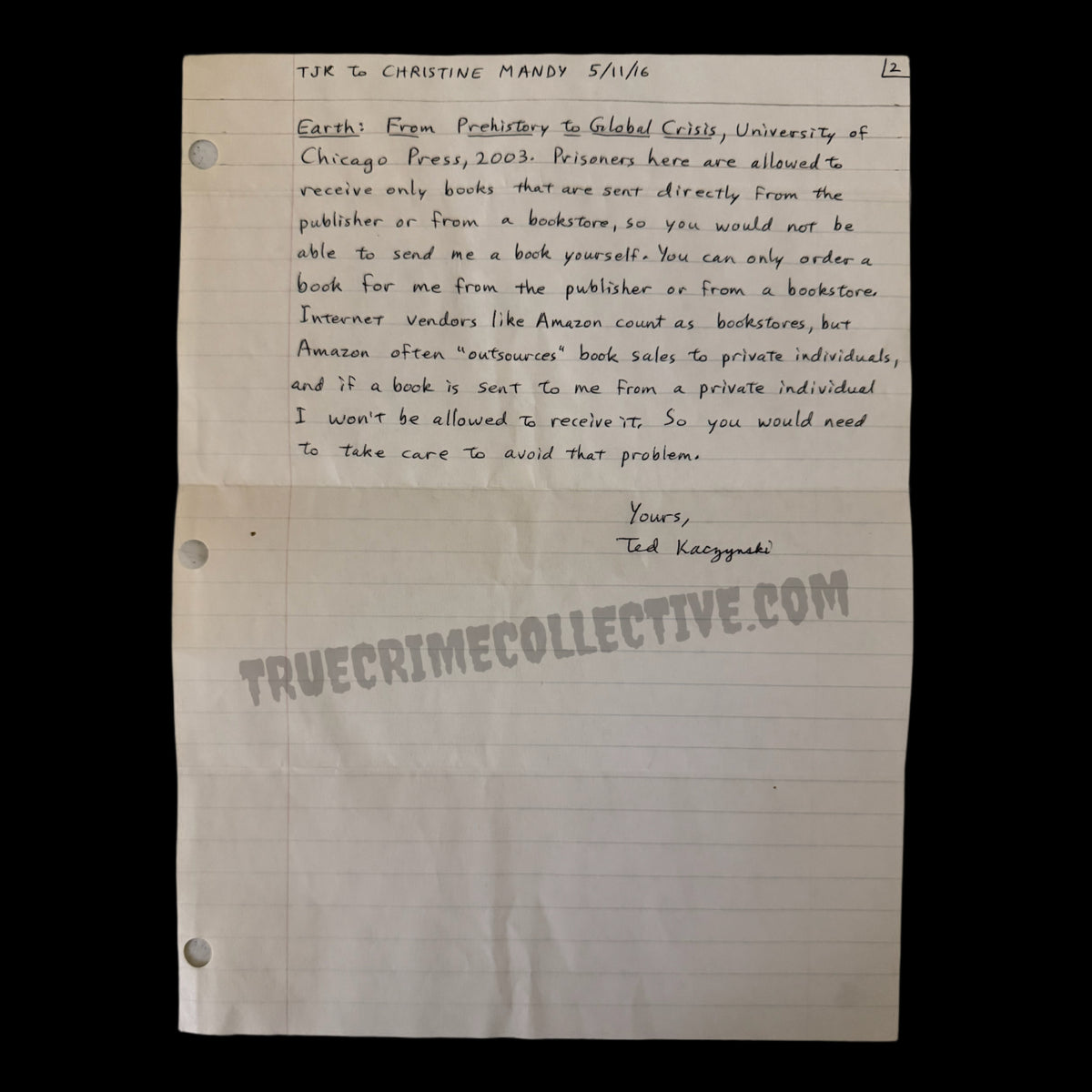Ted Kaczynski Signed Letter & Envelope - Rare Collection